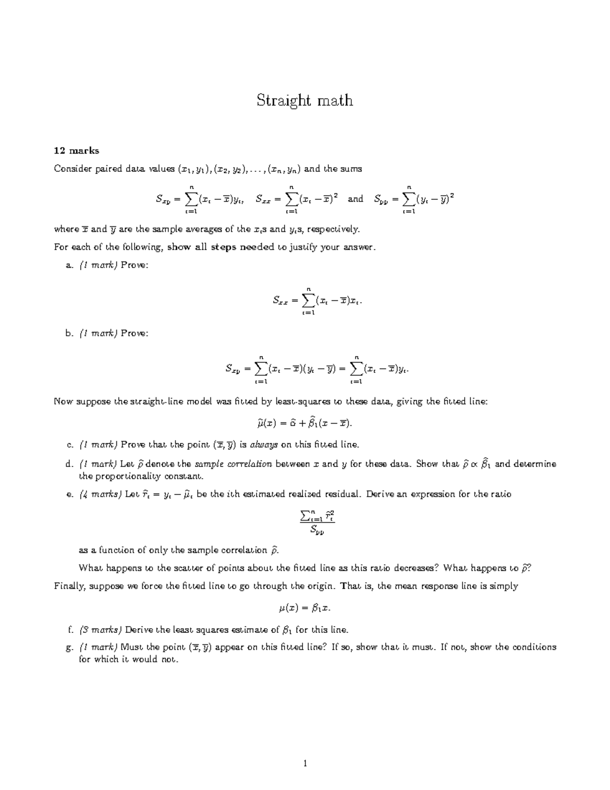Straight Math - Straight math 12 marks Consider paired data values (x 1 ...