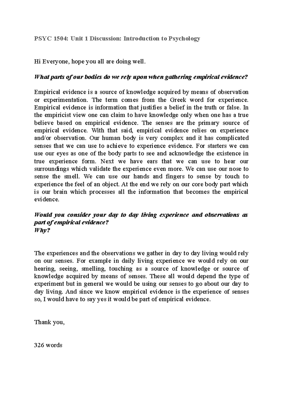 PSYC 1504 UNIT 1 DF Assignment Number 18 - PSYC 1504: Unit 1 Discussion: Introduction to ...