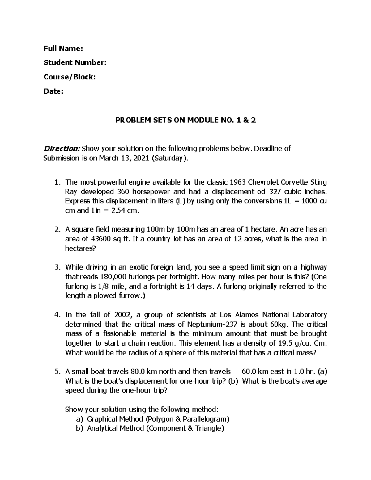 Problem SET NO 1 - Full Name: Student Number: Course/Block: Date ...