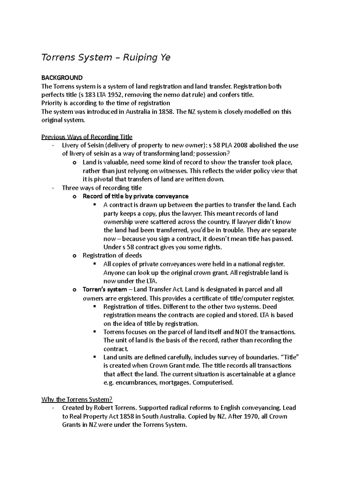 LAWS301 Torrens System Full Notes - Torrens System – Ruiping Ye ...