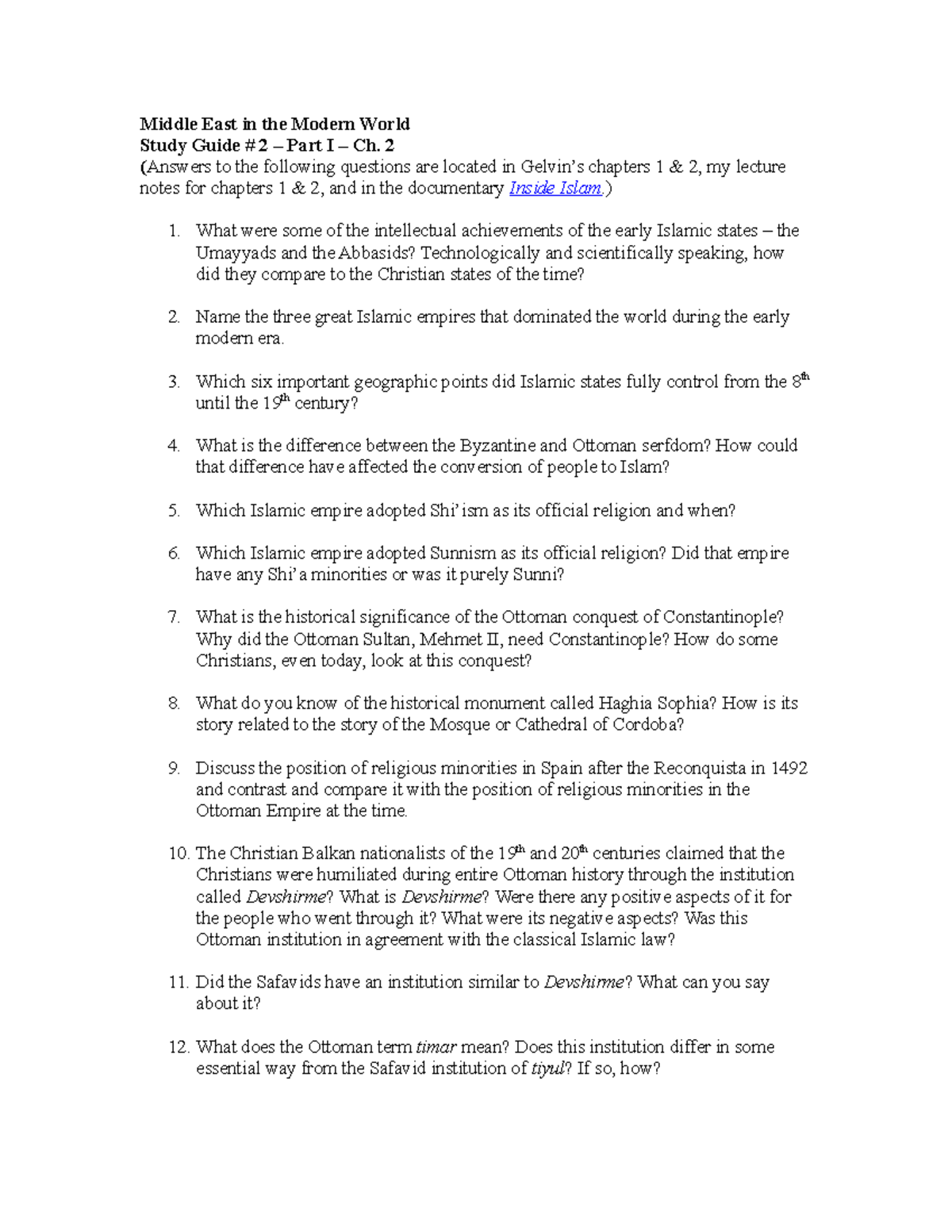 Study Guide # 2 - Middle East in the Modern World Study Guide # 2 ...