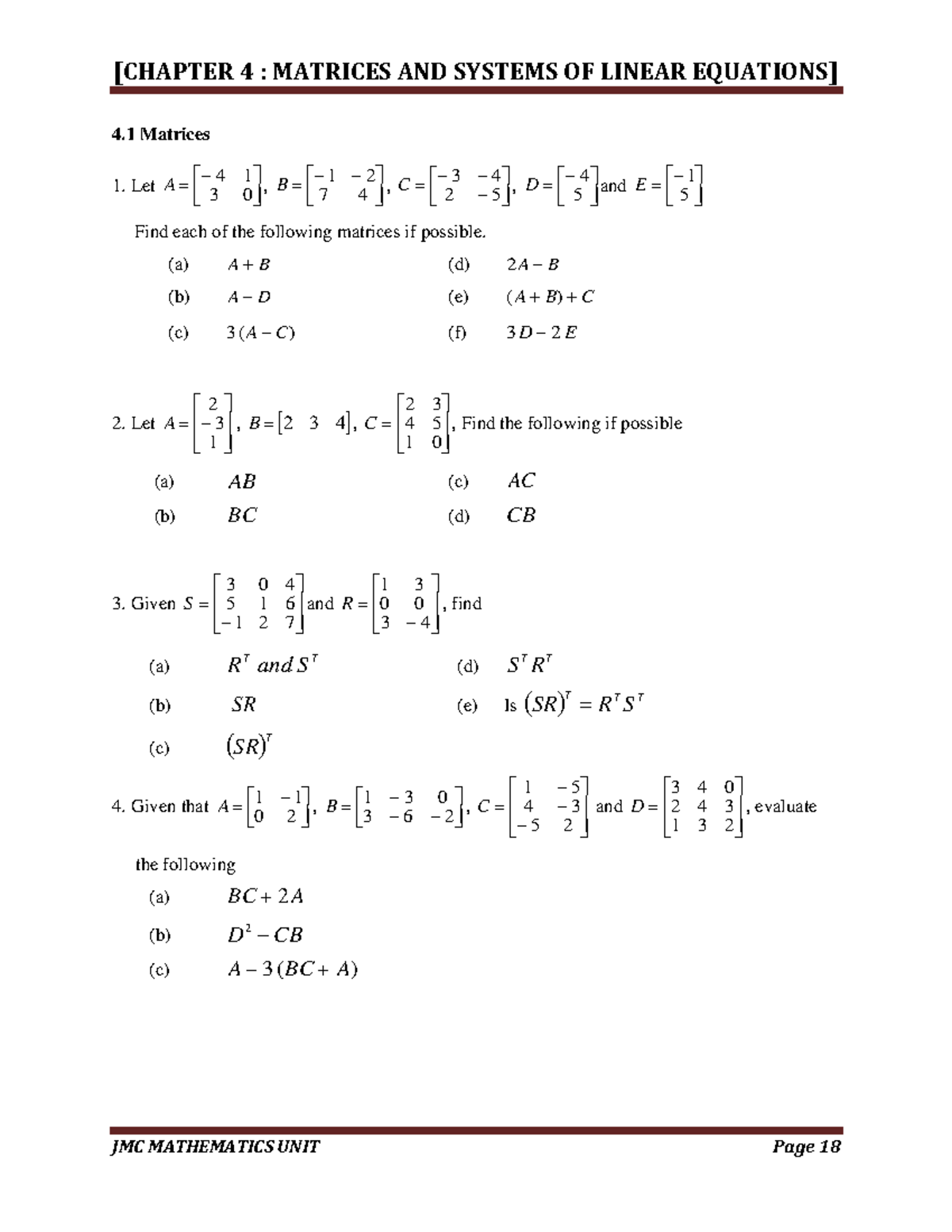 AM015 2021/2022 Chapter 4 - 4 Matrices Let ####### ####### ####### = − ####### 03 ####### 14 ...