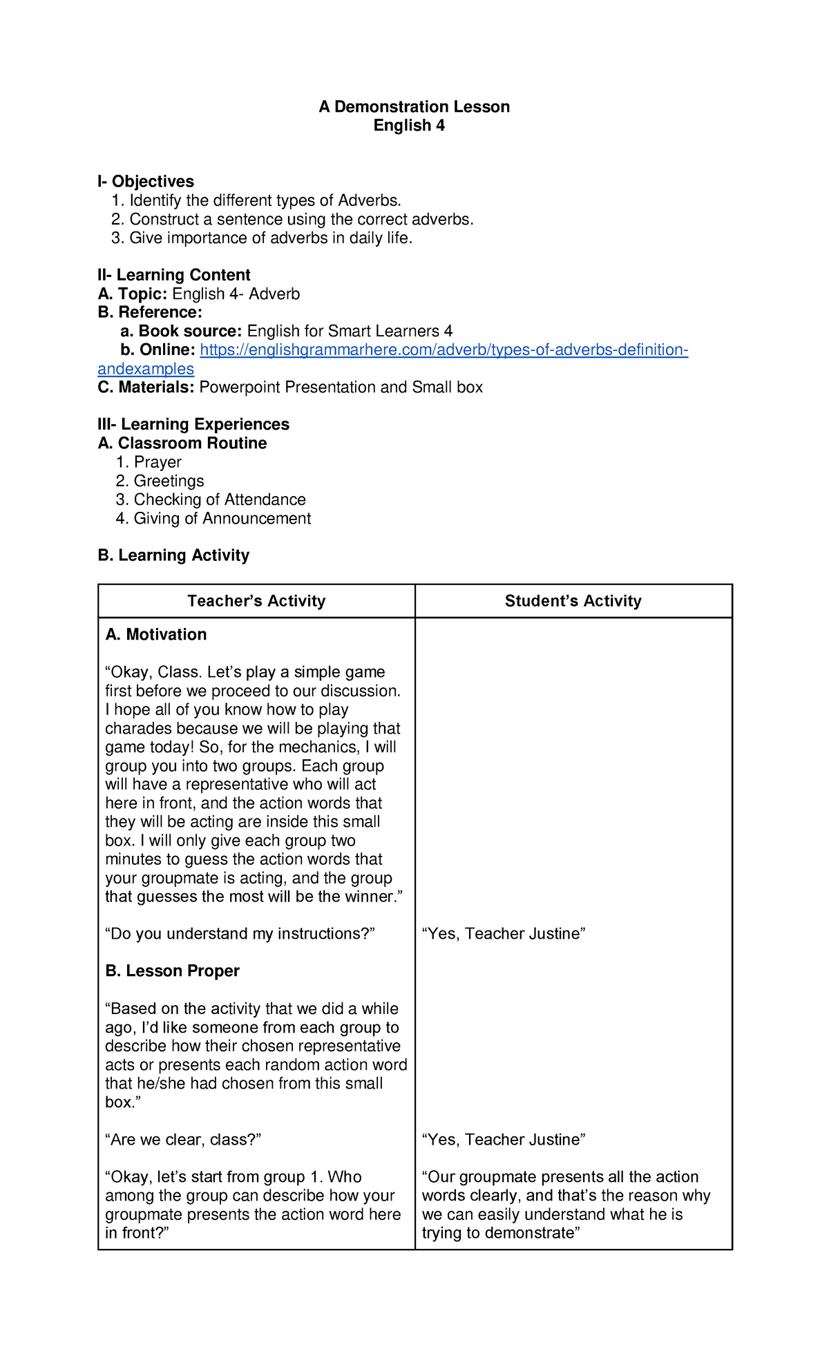 A Demonstration Lesson English - A Demonstration Lesson English 4 I ...