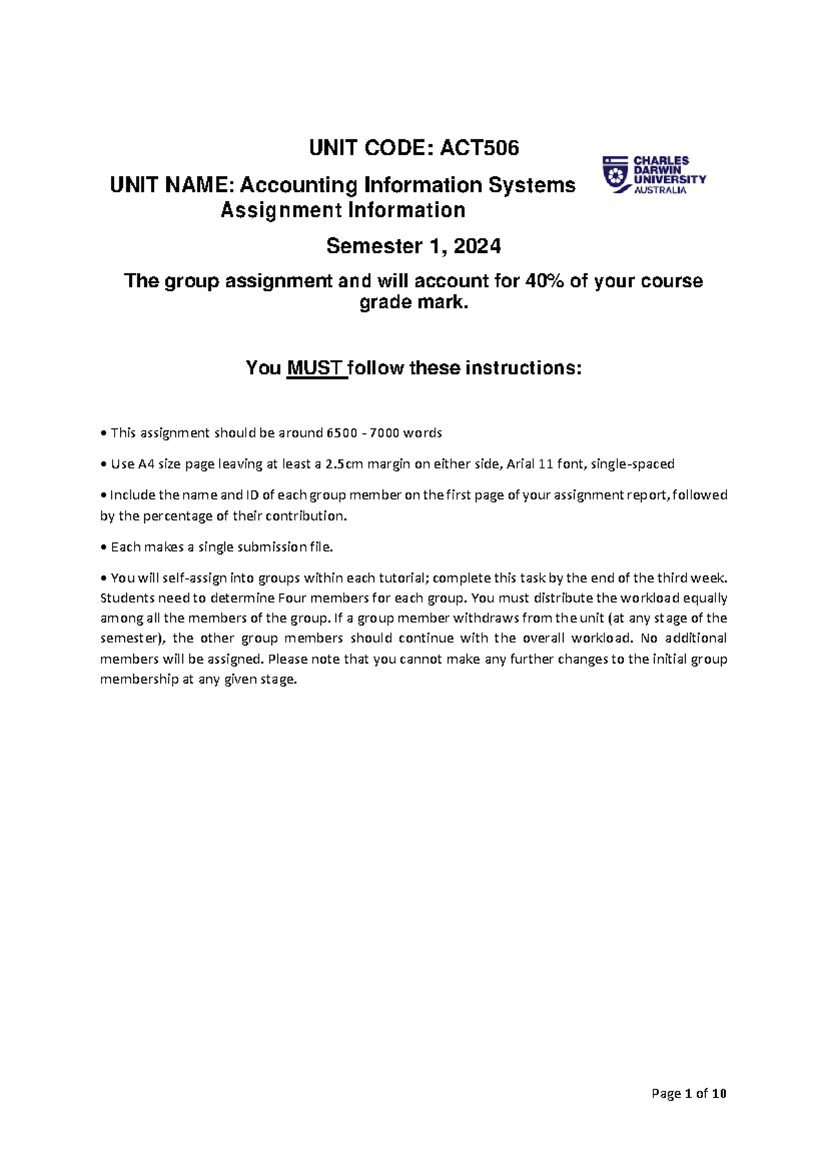 ACT506 Assignment question S1 2024 - UNIT CODE: ACT 506 UNIT NAME ...