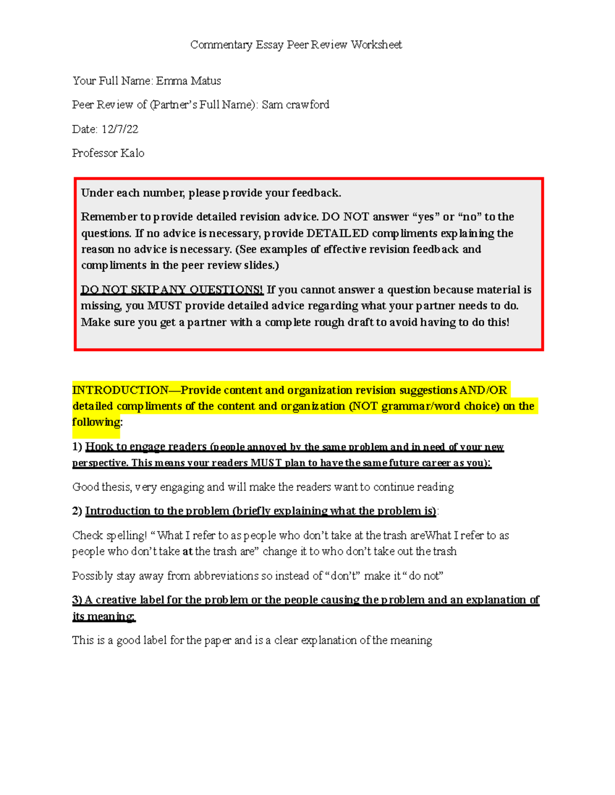 Commentary Essay Peer Review Worksheet - Studocu