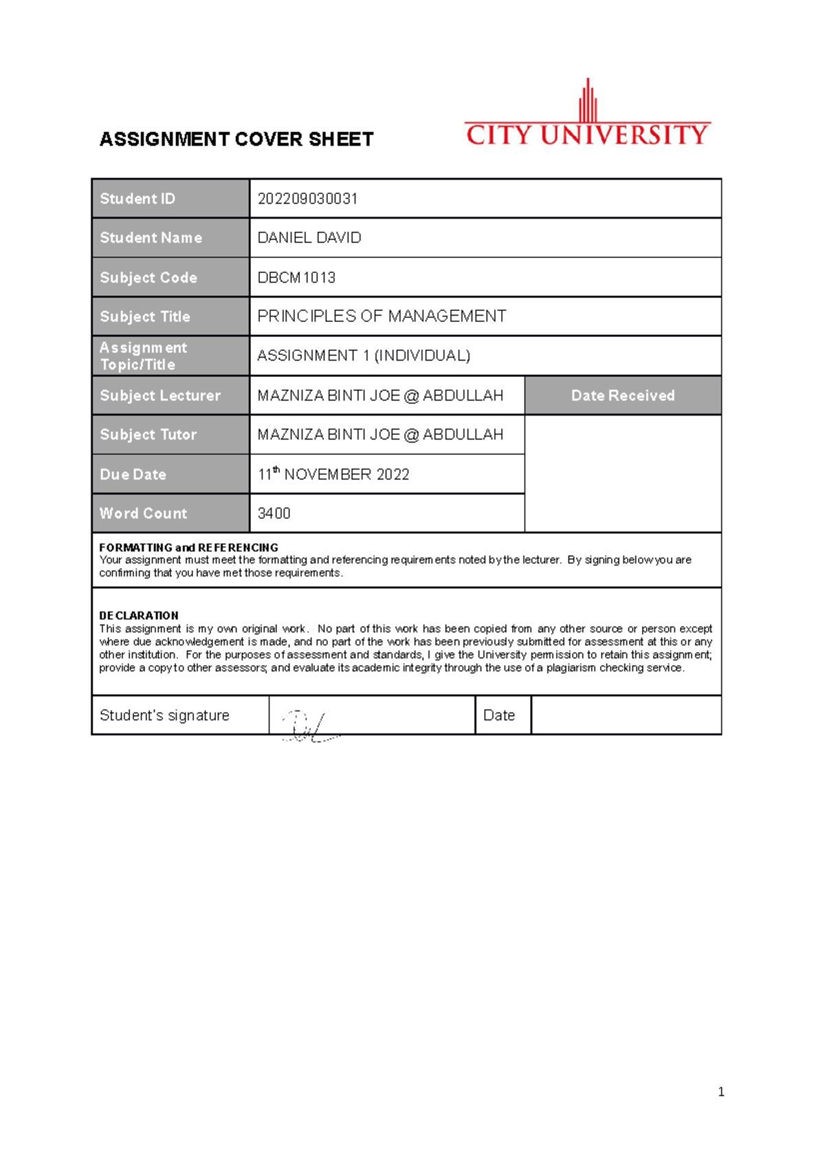 Assignment 1 POM DOSH Daniel - ASSIGNMENT COVER SHEET Student ID ...