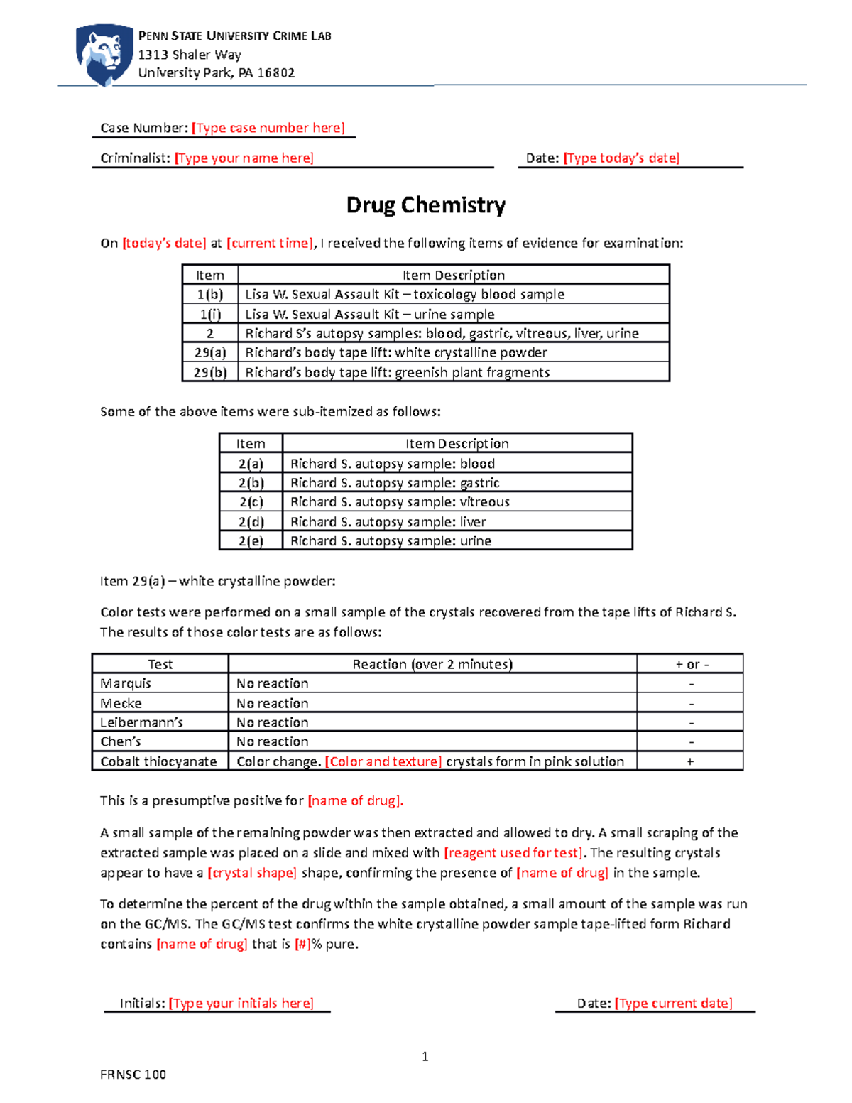 Case Notes - Drug Chem and Tox-1 - PENN STATE UNIVERSITY CRIME LAB 1313 ...