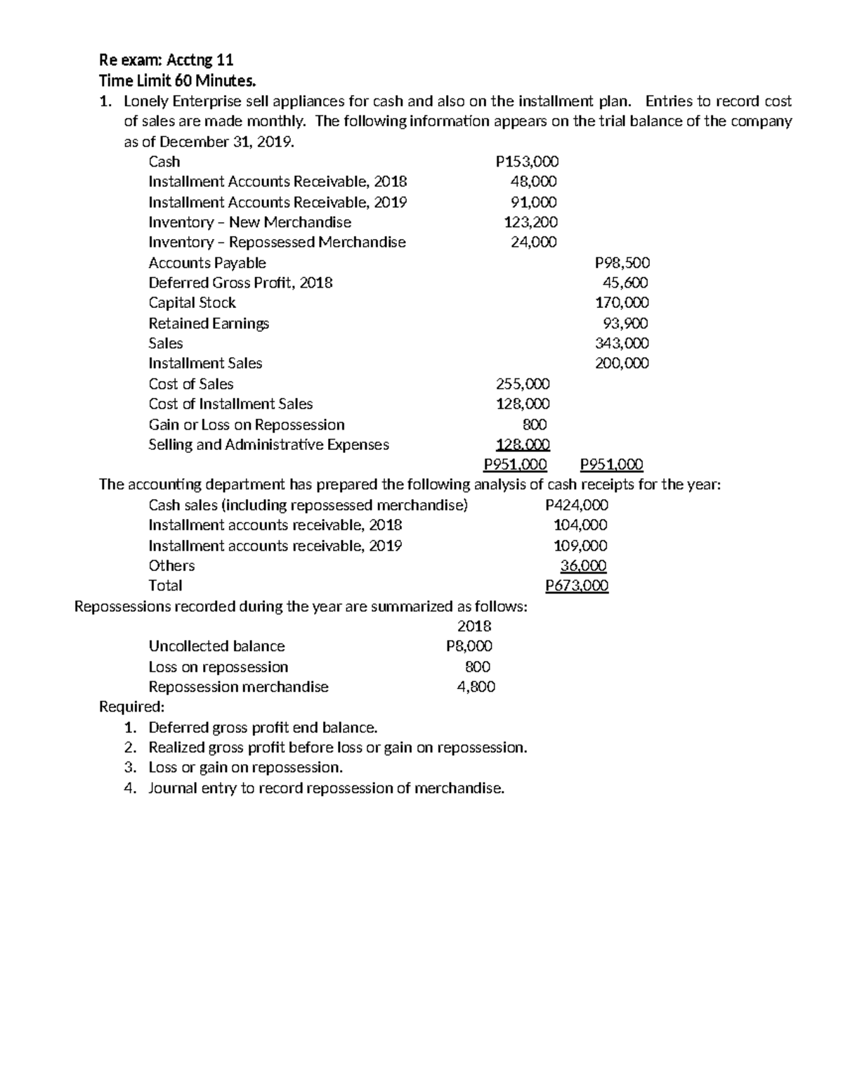 Advance re exam part 2 - Re exam: Acctng 11 Time Limit 60 Minutes ...