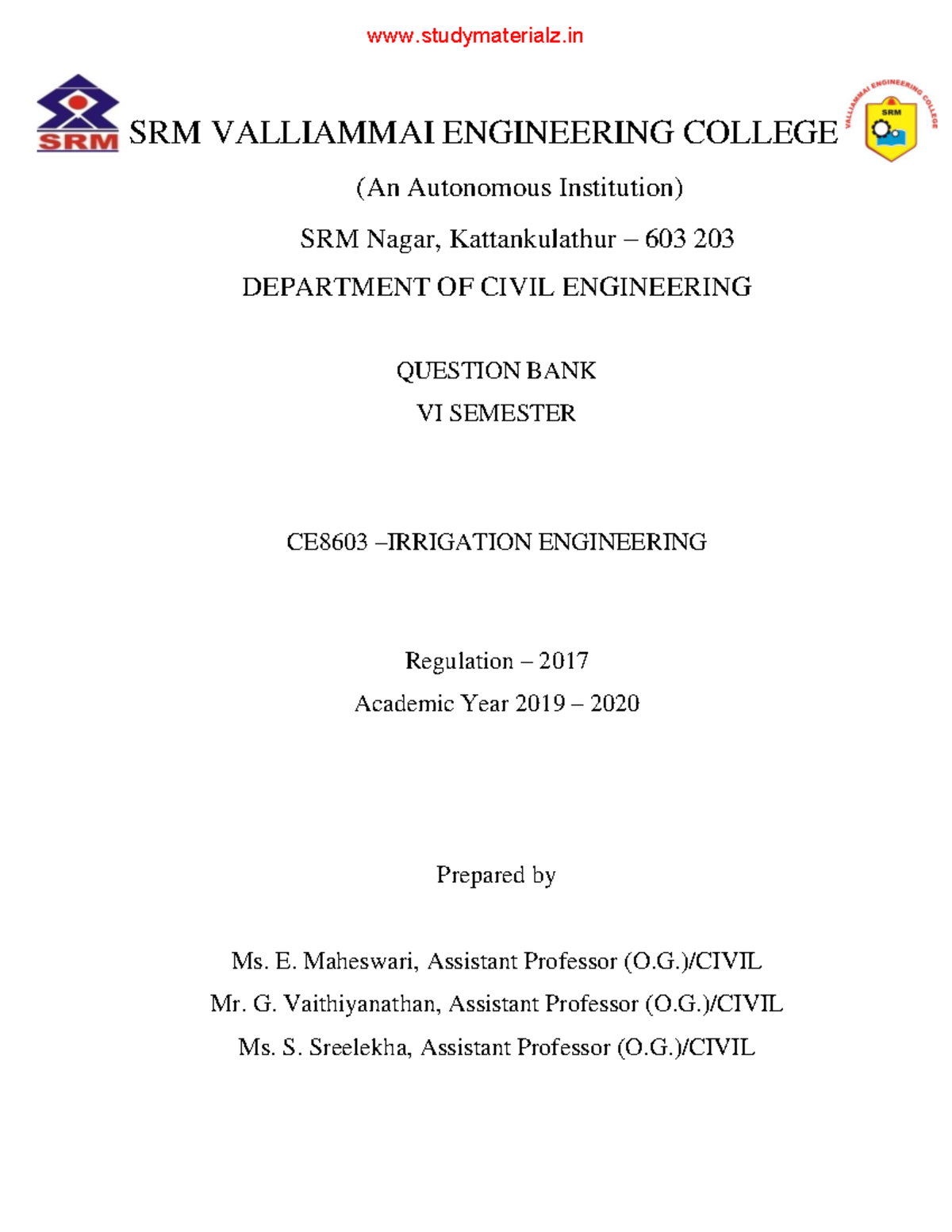 CE 8603 Irrigation Engineering IQ - SRM VALLIAMMAI ENGINEERING COLLEGE ...