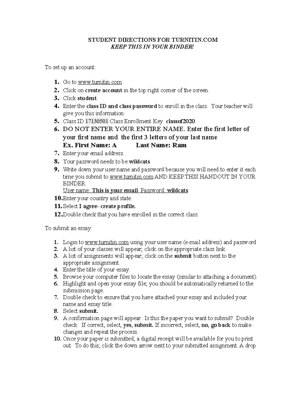 Student Directions FOR Turnitin - STUDENT DIRECTIONS FOR TURNITIN KEEP ...