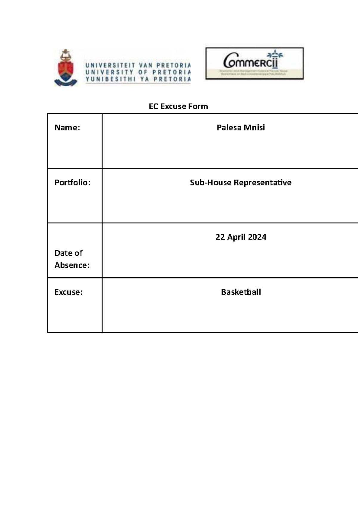 Basketball - FEBE1000 - EC Excuse Form Name: Palesa Mnisi Portfolio ...