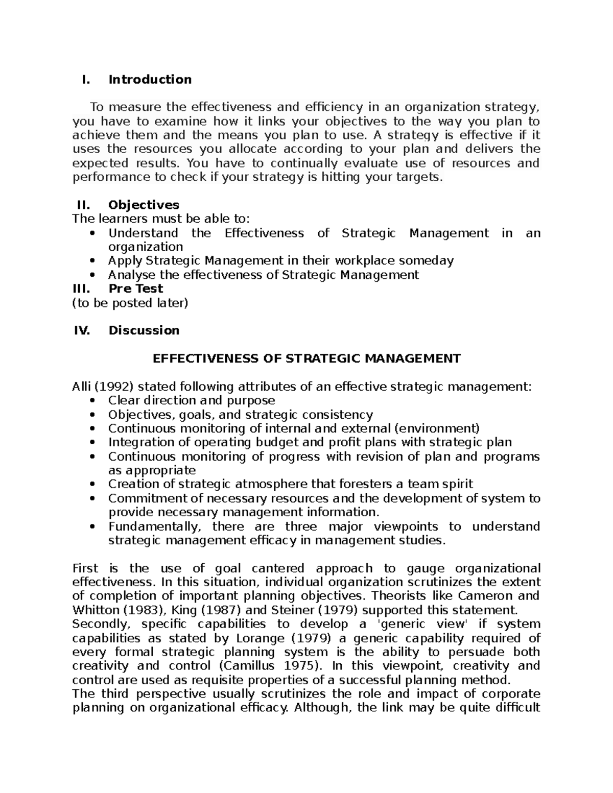 Effectiveness OF Strategic Management - I. Introduction To measure the ...