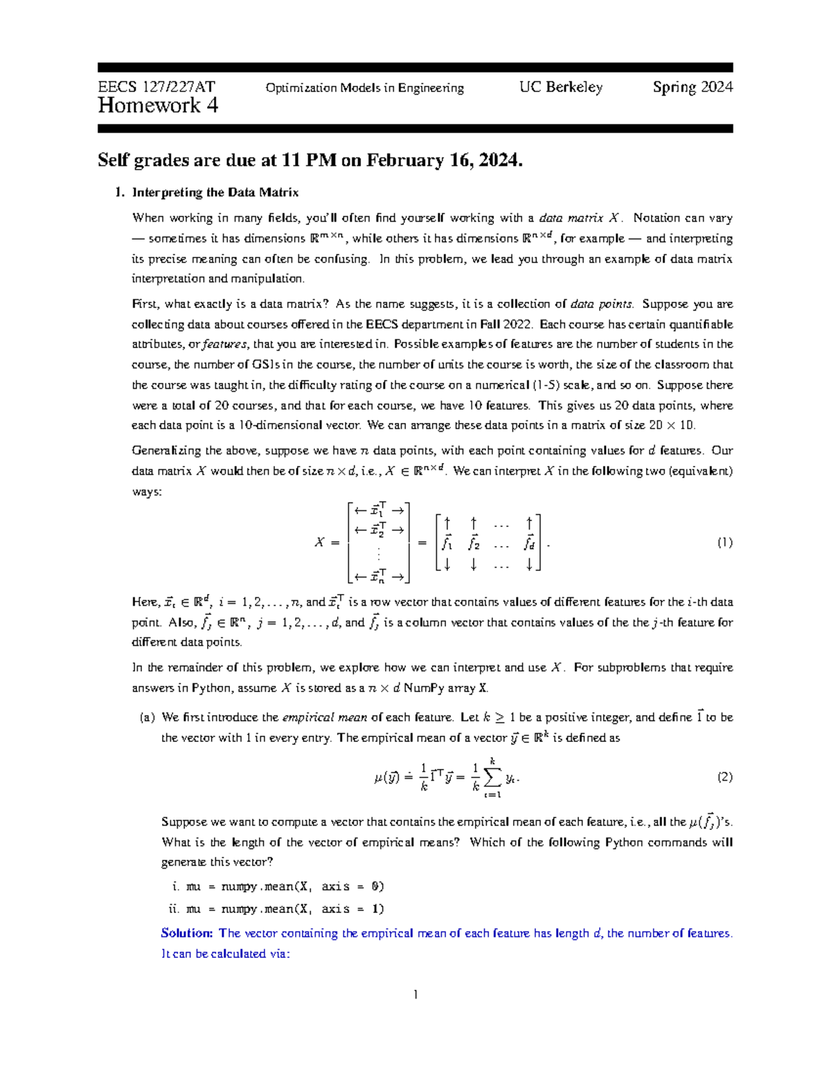 Hw04 Sol Hw4 Solution Eecs 127227at Optimization Models In Engineering Uc Berkeley Spring