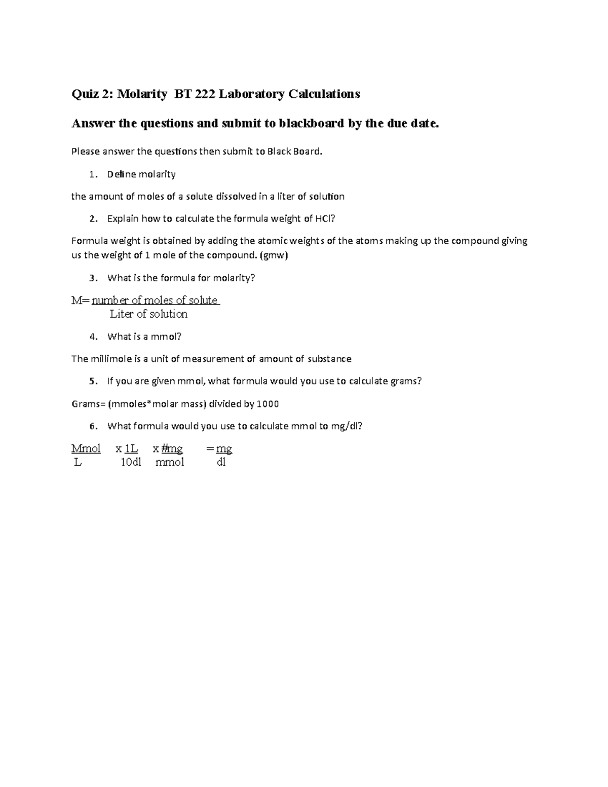 BT 222 Quiz 2 Molarity - Quiz 2: Molarity BT 222 Laboratory Calculations Answer the questions ...