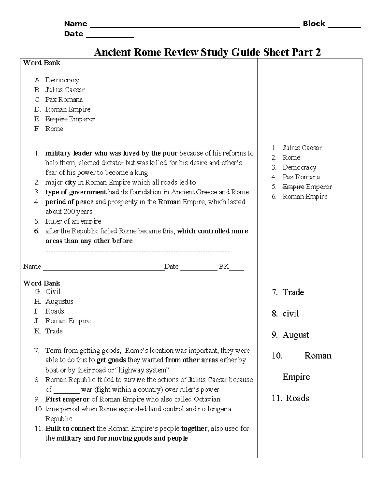 Roman Review Sheet 2024 Part 2 EL Answers-3 - Name - Studocu