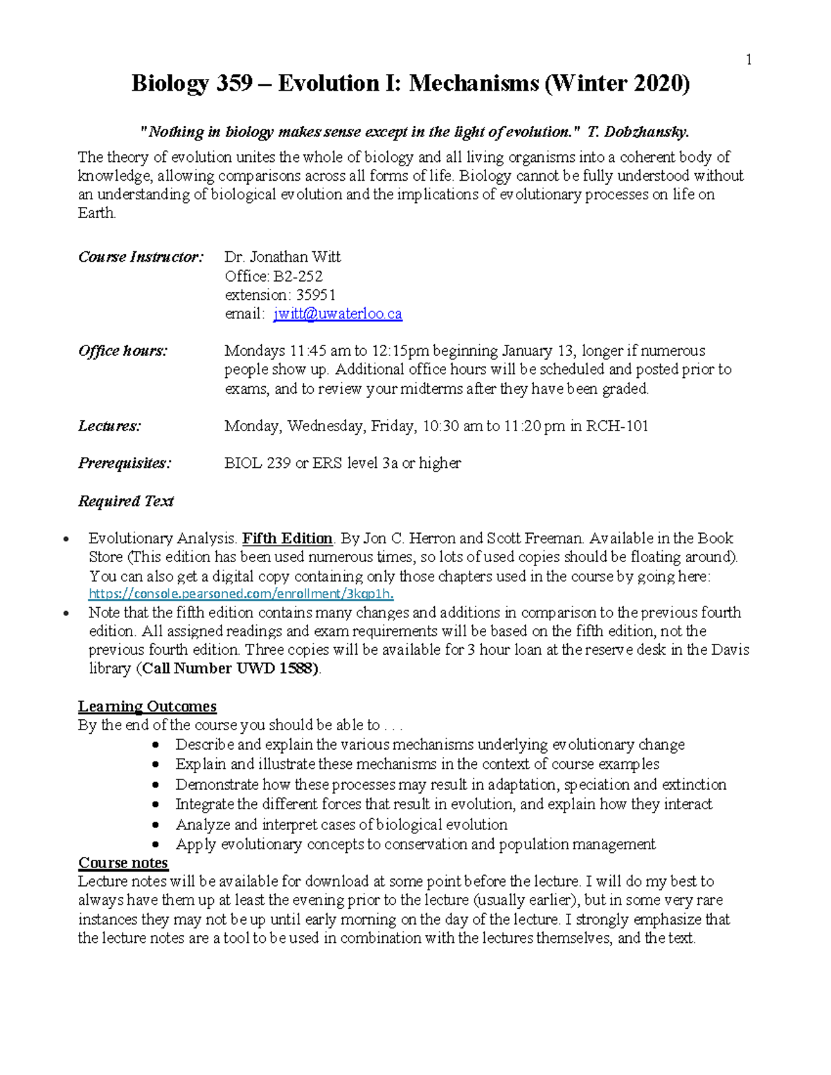 Biology 359 Course Outline W2020 - Warning: TT: undefined function: 32 Biology 359 – Evolution I ...