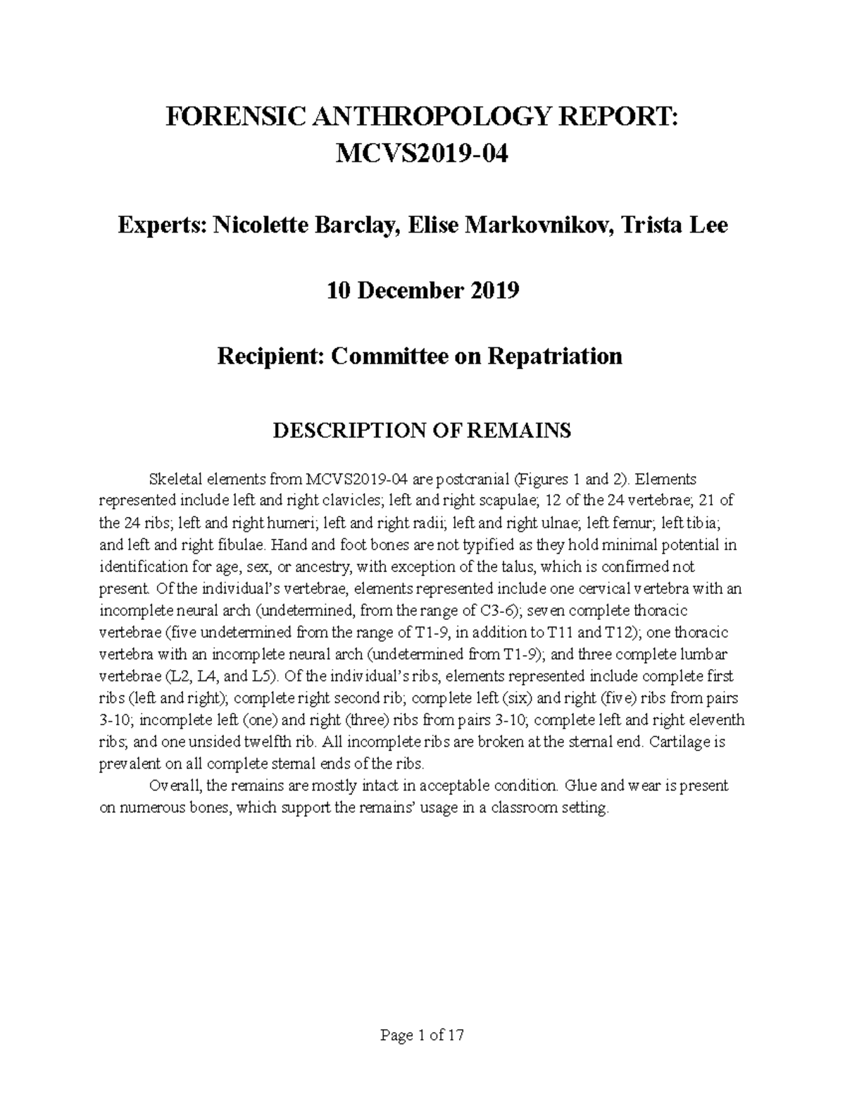 Forensics Report - FORENSIC ANTHROPOLOGY REPORT: MCVS2019- Experts ...