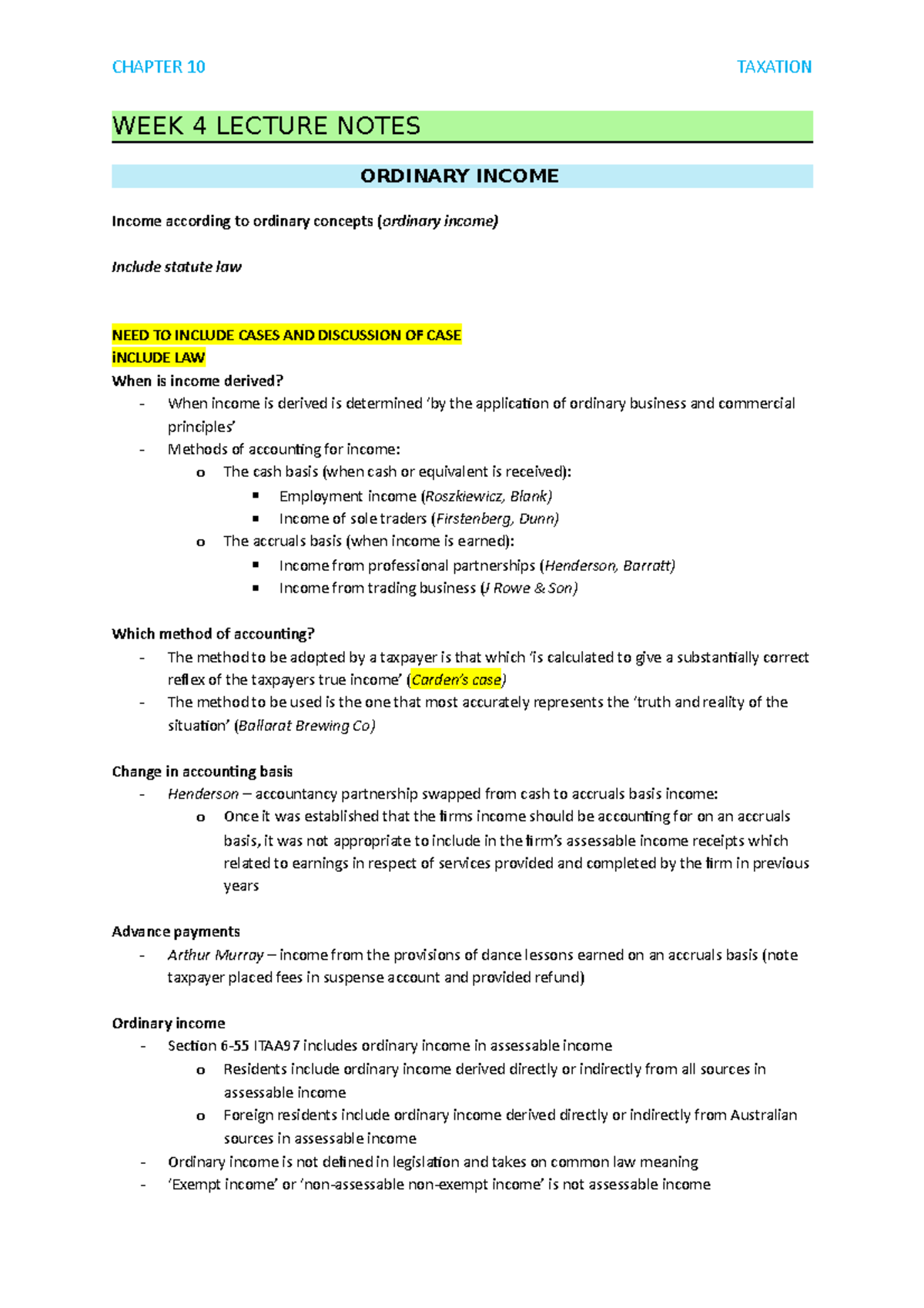 Week 4 - Notes - WEEK 4 LECTURE NOTES ORDINARY INCOME Income according ...