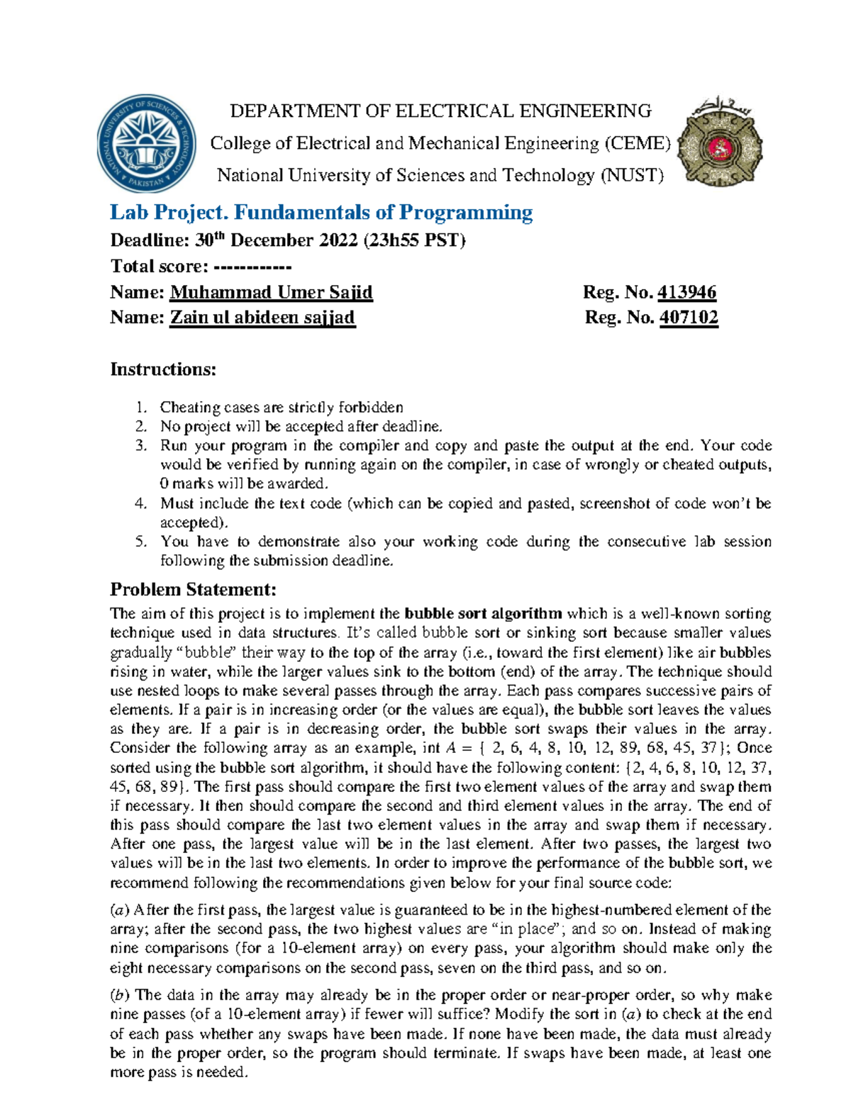Bubble Sorting Program Department Of Electrical Engineering College Of Electrical And