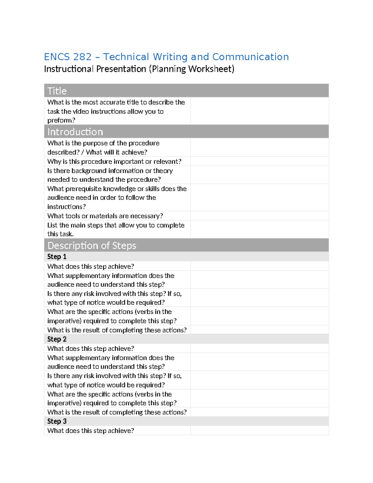 Instructional Presentation - Planning Worksheet - ENCS 282 – Technical ...