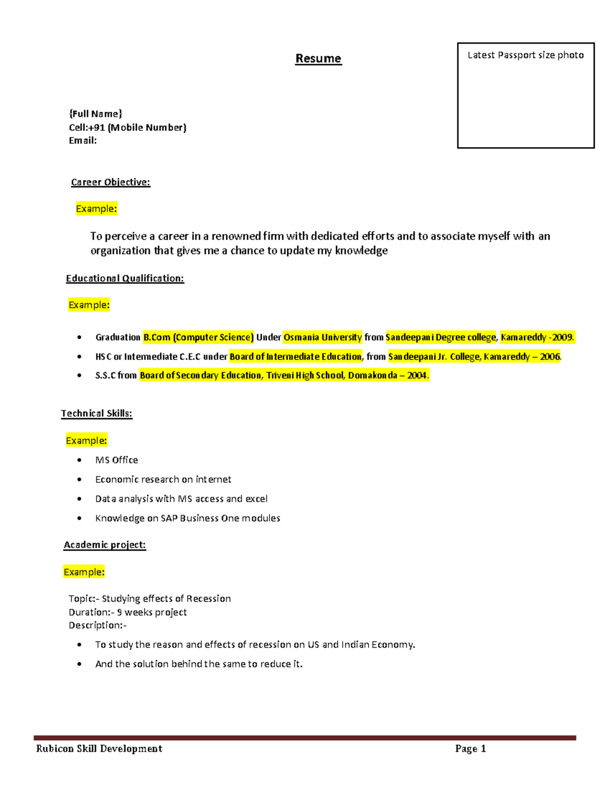 Fresher Resume Format Rubicon Skill Development Page 1 Resume Full fresher-resume-format-rubicon-skill-development-page-1-resume-full