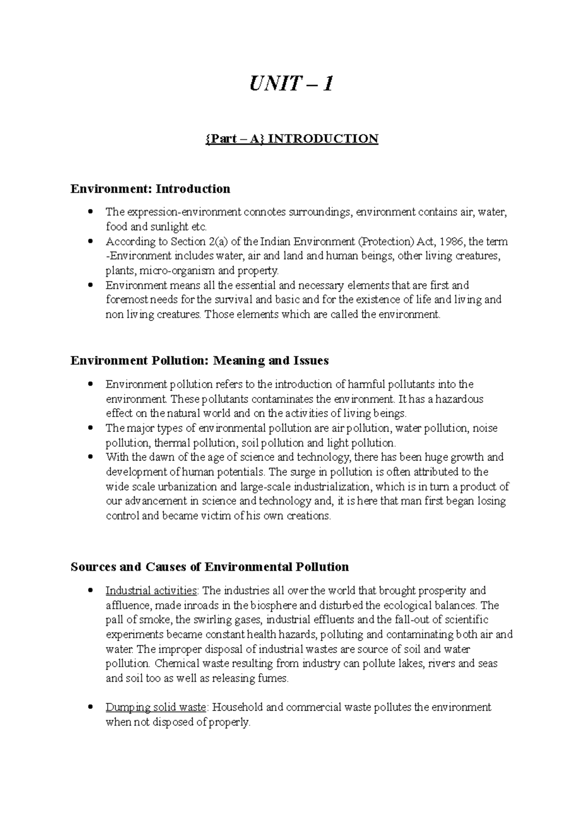 Environmental law notes unit 1 - UNIT – 1 {Part – A} INTRODUCTION ...