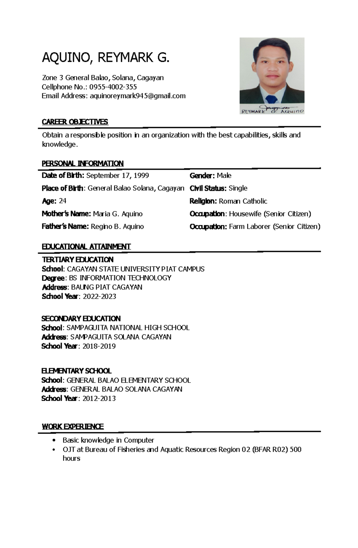 Resume, Reymark - AQUINO, REYMARK G. Zone 3 General Balao, Solana ...