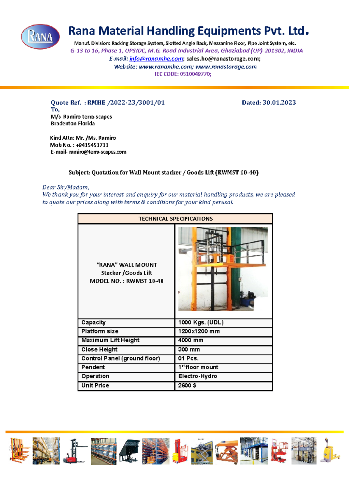 RANA MHE- Quote - Ramiro Terra- Scapes-WMST - Manuf. Division: Racking ...