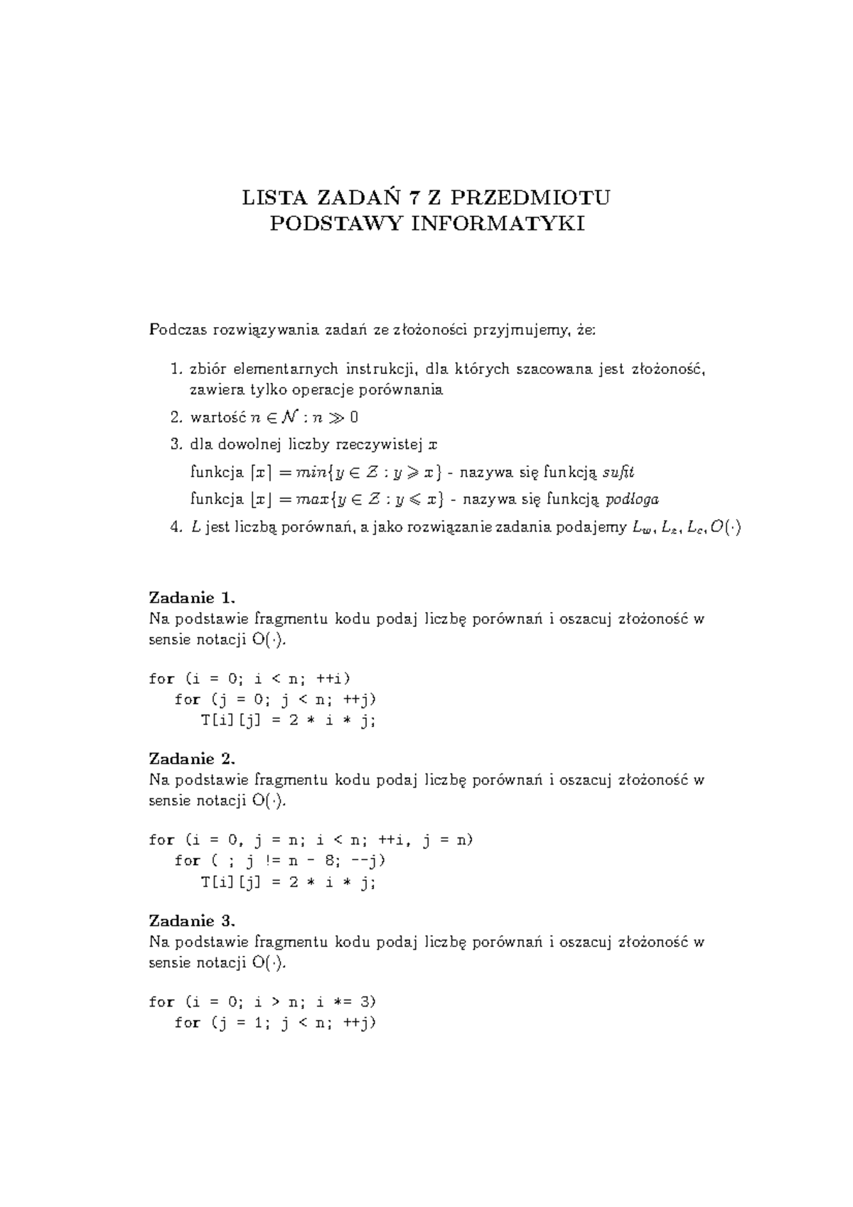 Zlozonosc c12 - Kolokwium 3 - LISTA ZADAŃ 7 Z PRZEDMIOTU PODSTAWY ...