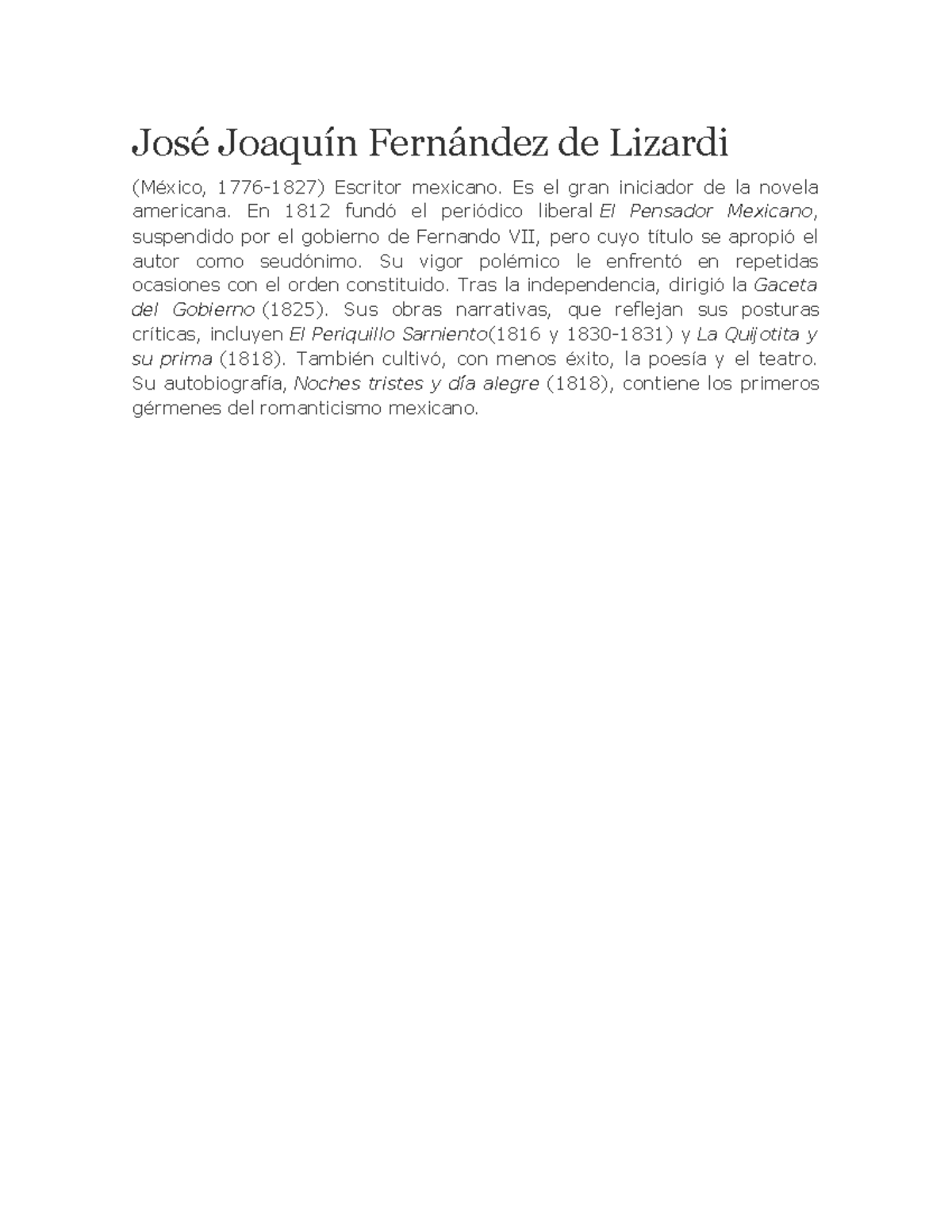 José Joaquín Fernández de Lizardi - José Joaquín Fernández de Lizardi ...