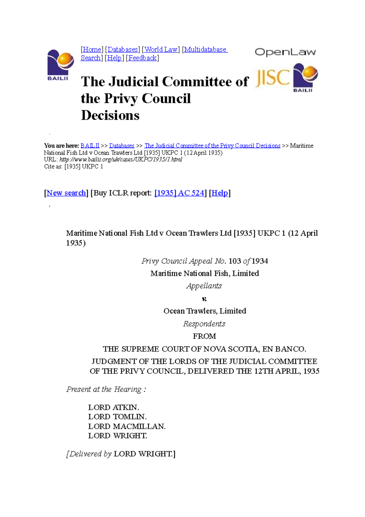 Maritime National Fish Ltd v Ocean Trawlers Ltd [1935] UKPC 1 (12 April ...
