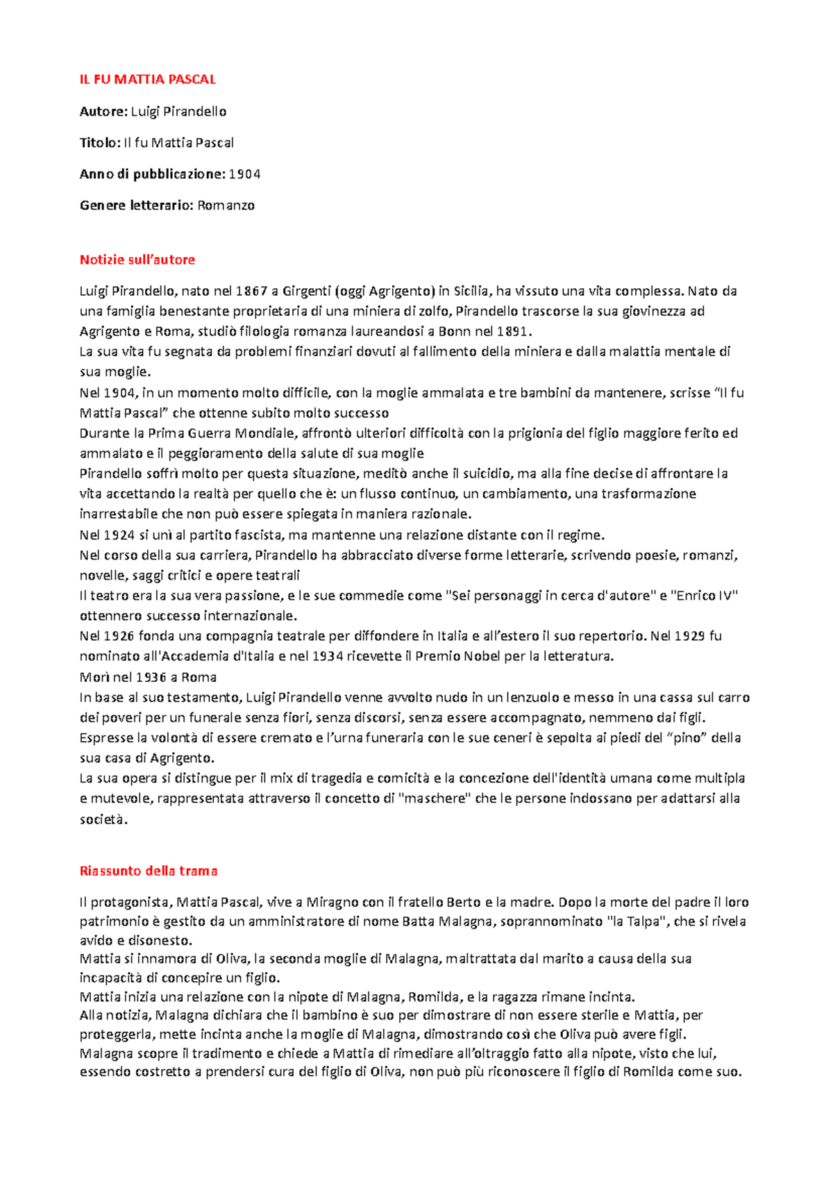 Relazione libro 'Il fu Mattia Pascal' Pirandello - IL FU MATTIA PASCAL ...