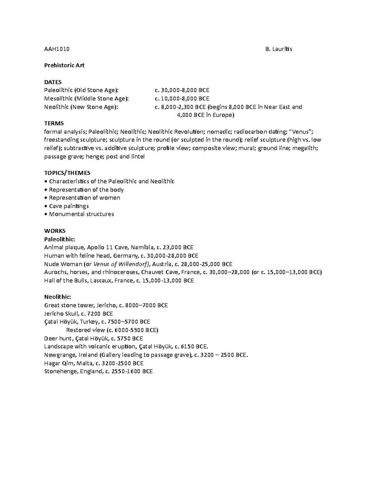 Prehistoric List of Materials - AAH1010 B. Lauritis Prehistoric Art ...