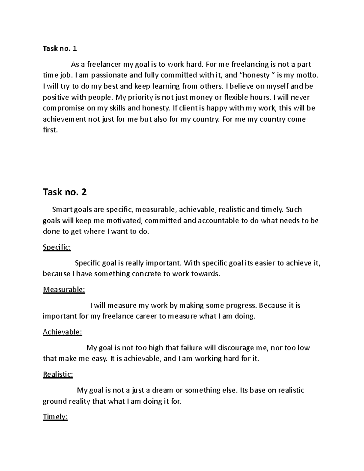 Frl assignment 1 - Afif Ali - Task no. 1 As a freelancer my goal is to ...