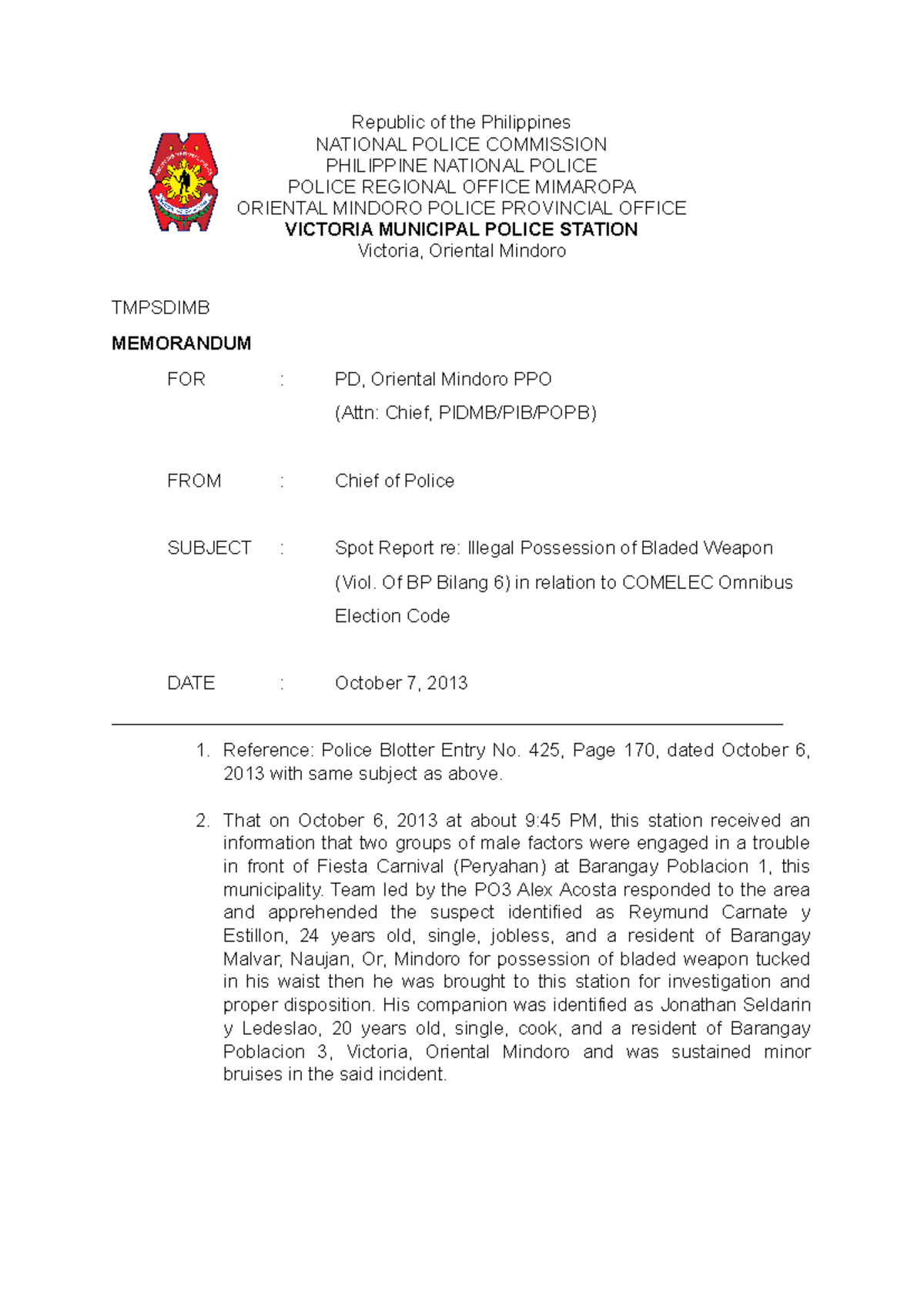 Example of Spot Progress and Final Report - Republic of the Philippines ...