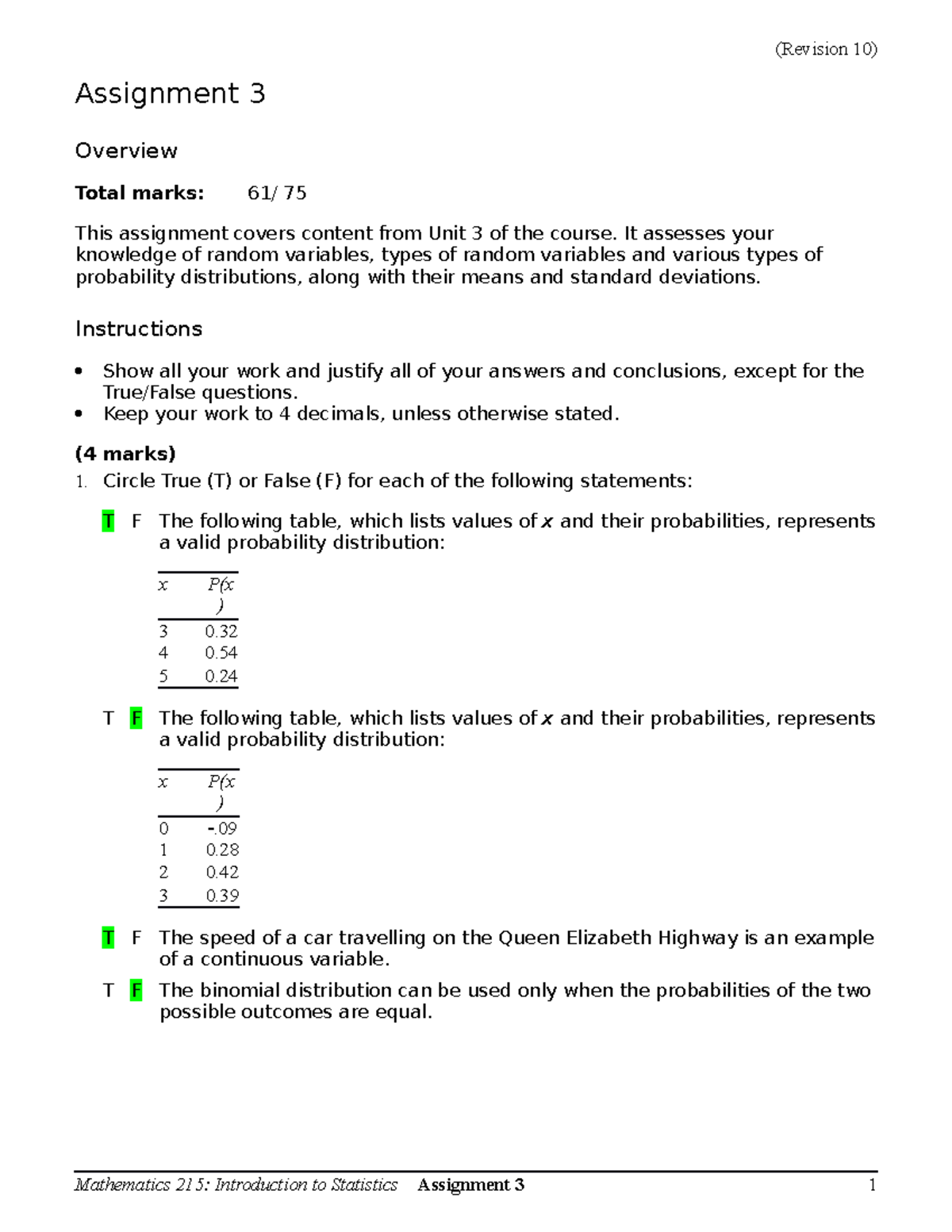 Math assignment 3 - 61/75 - Assignment 3 Overview Total marks: 61/ 75 ...