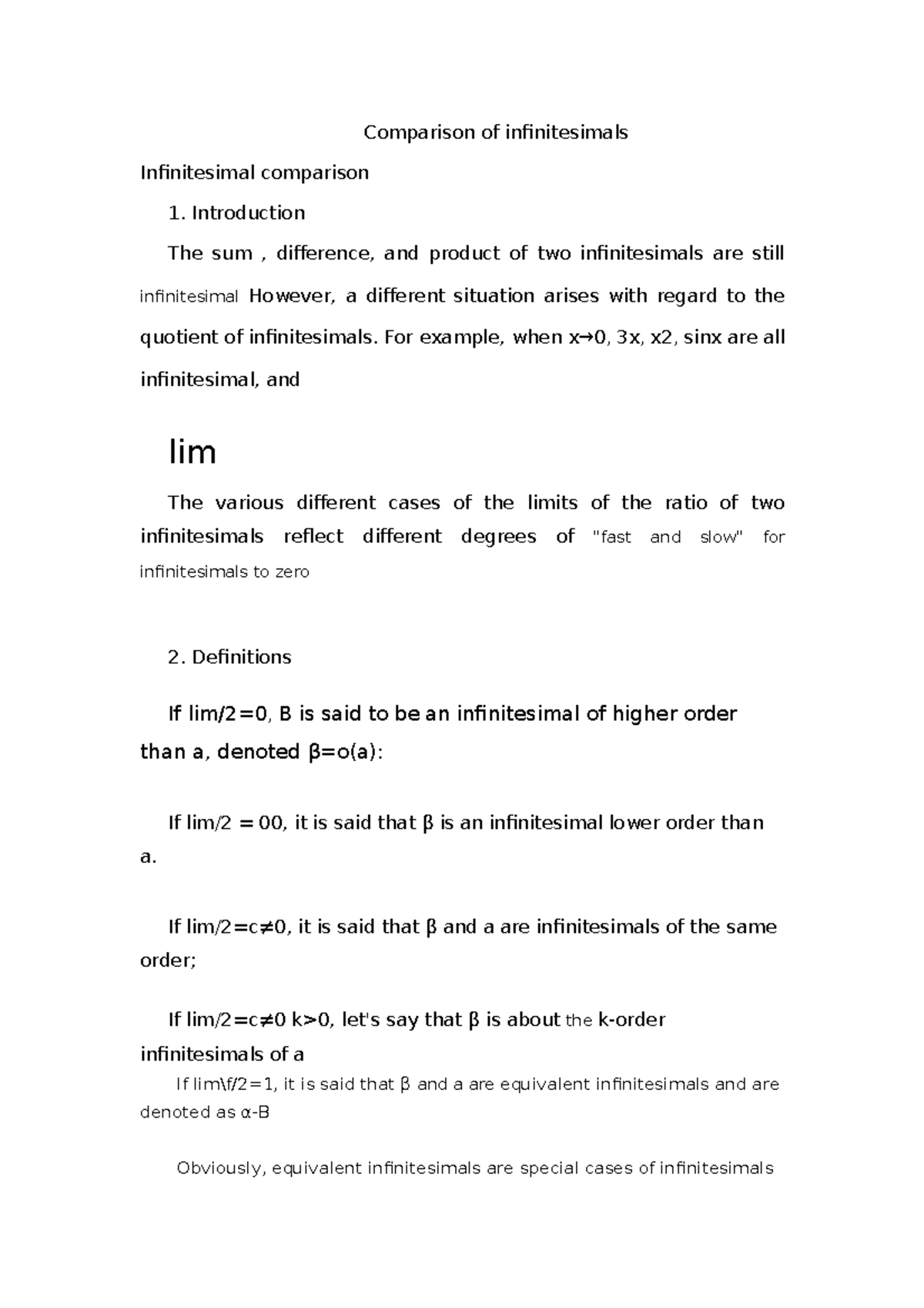Comparison of infinitesimals - ####### Comparison of infinitesimals ...