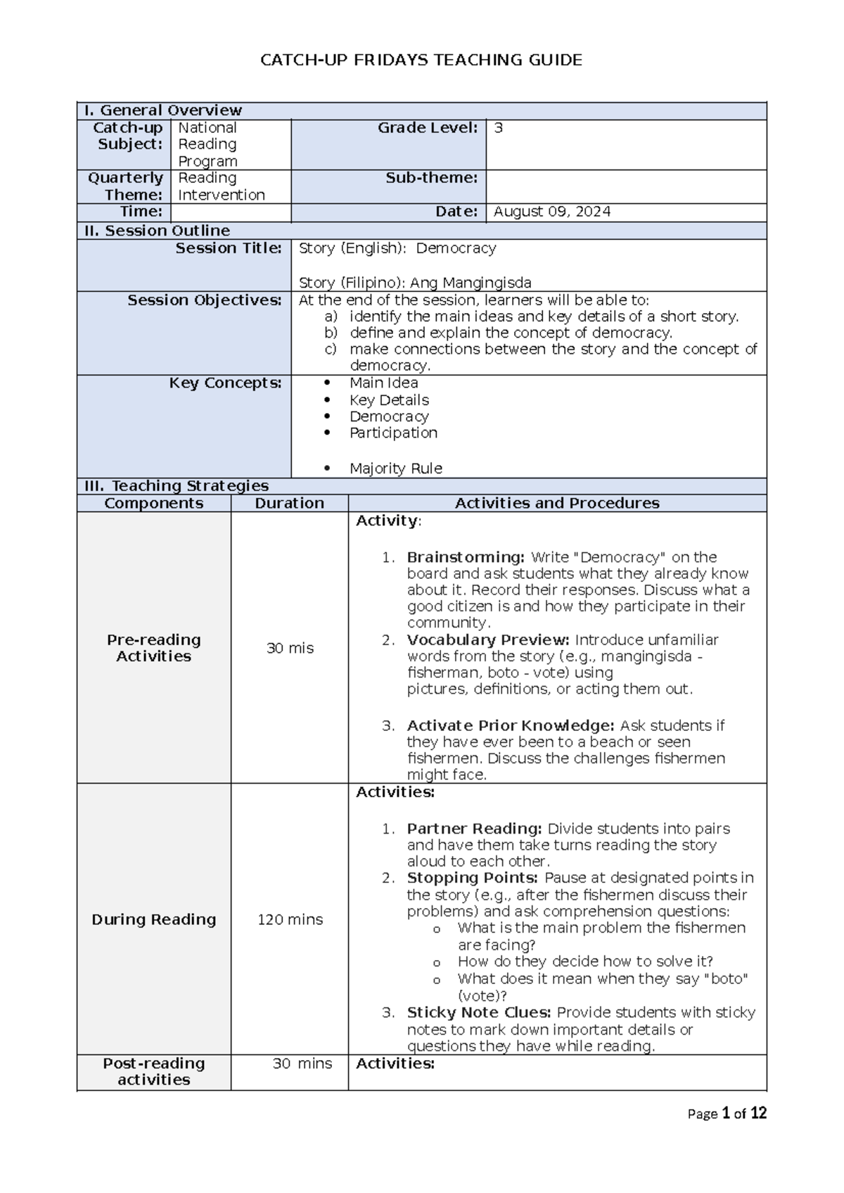 Teaching-Guide-Catchup Friday- G2 August 09 - I. General Overview Catch ...