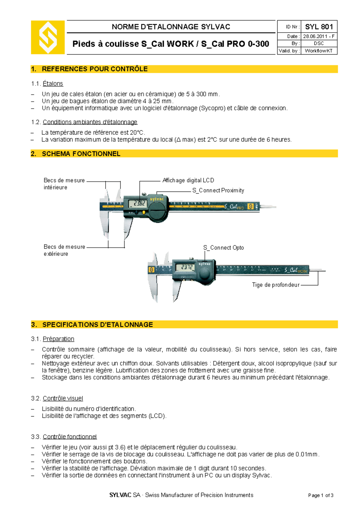 SYL 801 F Pieds a coulisse - NORME D'ETALONNAGE SYLVAC Pieds à coulisse S_Cal WORK / S_Cal PRO 0 ...