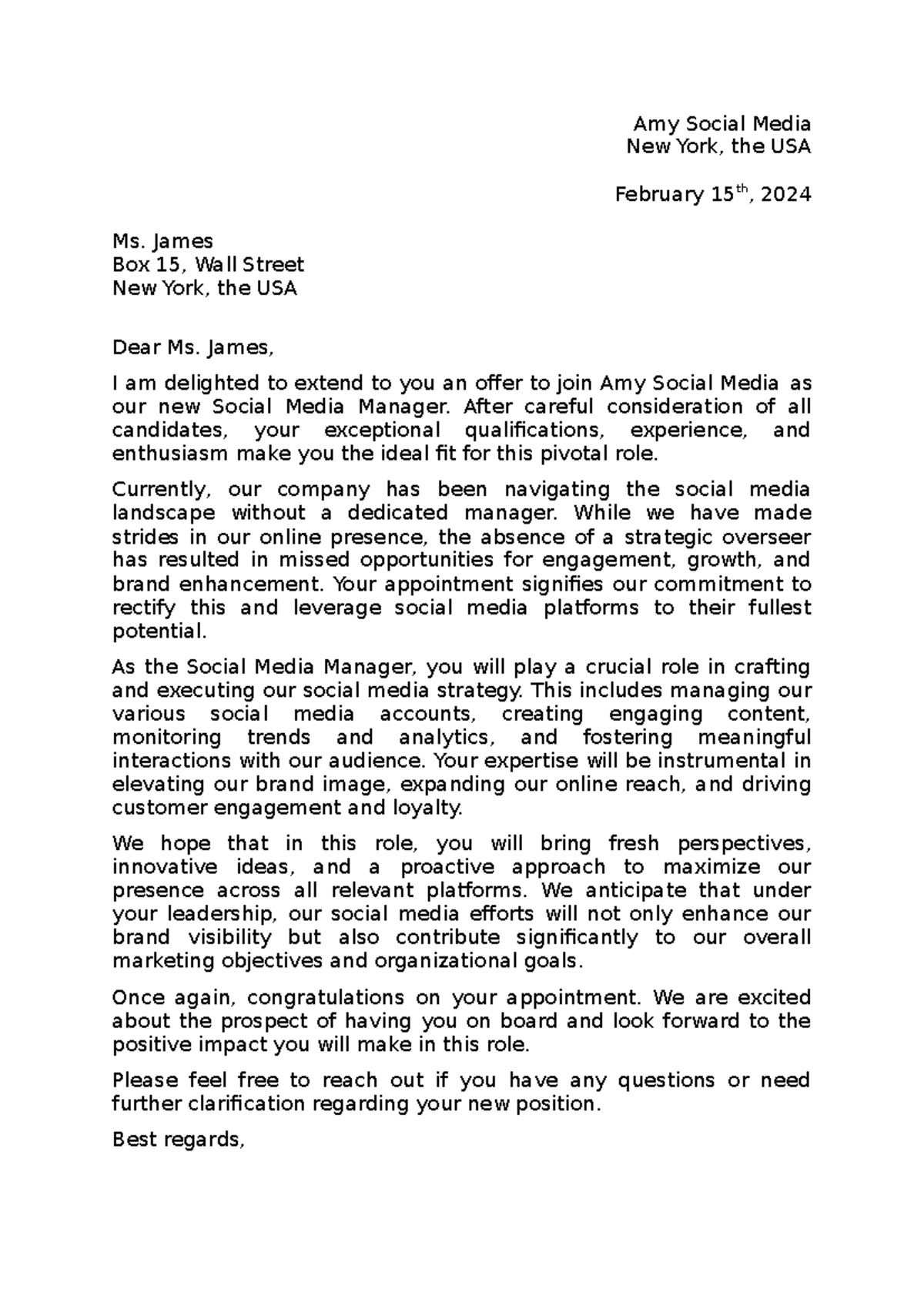 BEC Writing - Amy Social Media New York, the USA February 15th, 2024 Ms ...