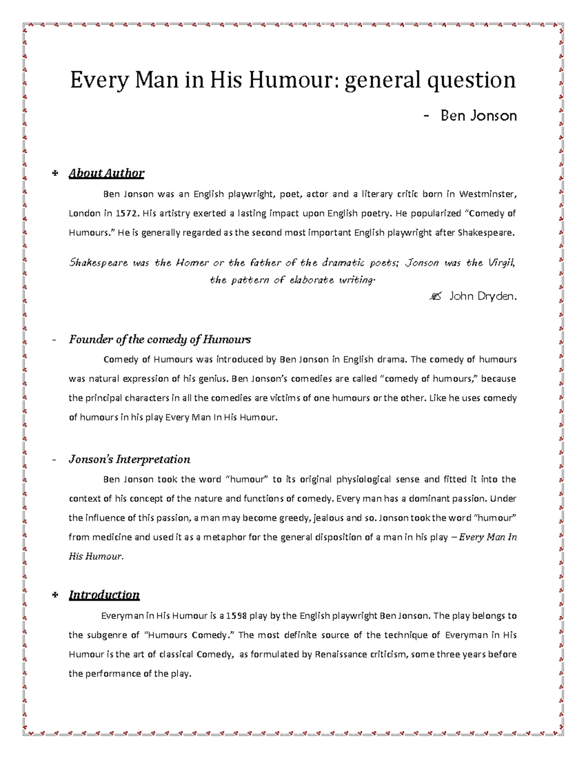 Every man in his humour - Regha - Every Man in His Humour: general ...