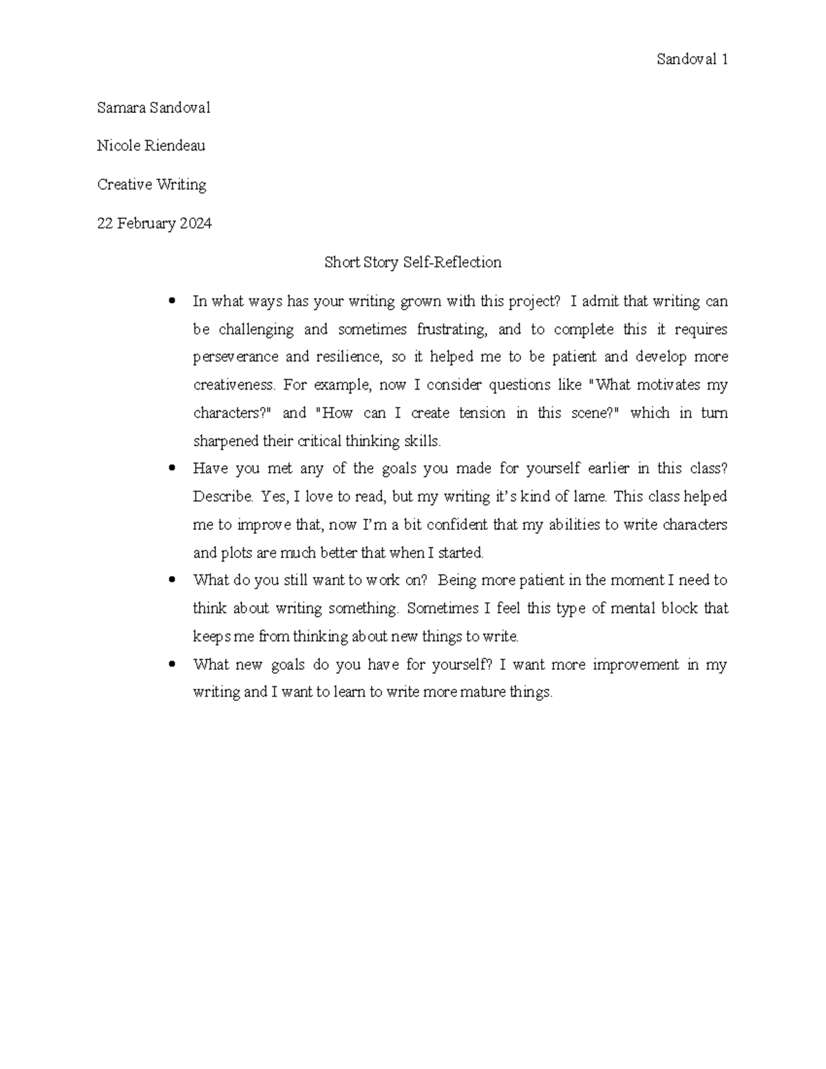 Short Story Self-Reflection - Sandoval 1 Samara Sandoval Nicole ...