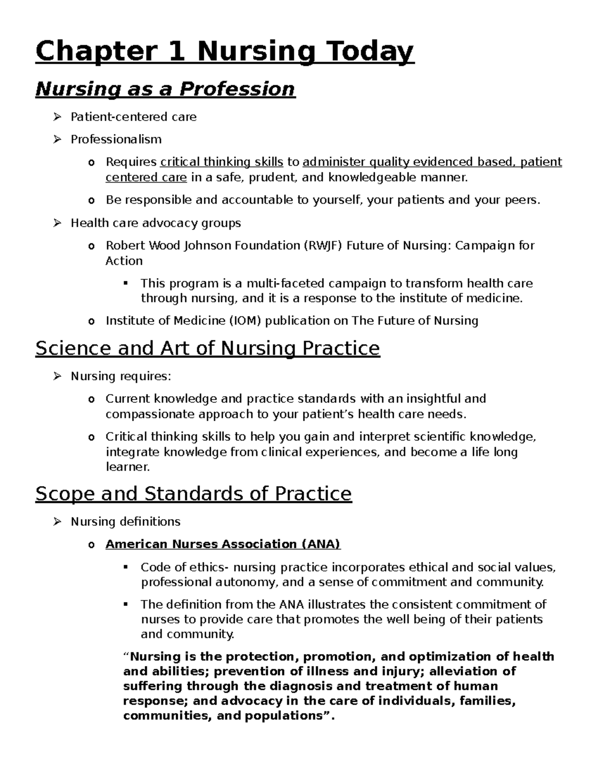 Chapter 1 Nursing Today additional notes - NUR1020 - Studocu