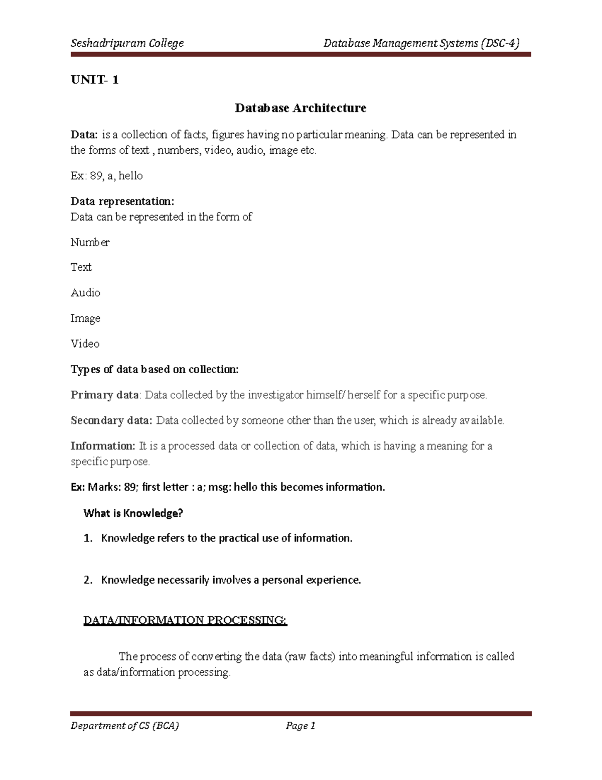 DBMS1 - UNIT- 1 Database Architecture Data: is a collection of facts, figures having no ...