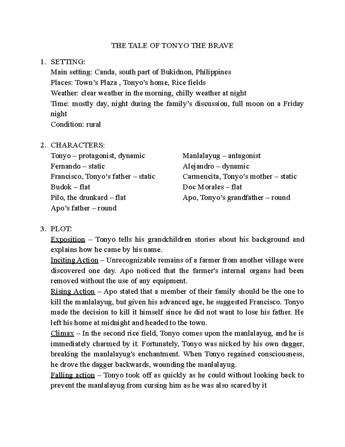 Short Story Elements TALE OF Tonyo THE Brave - THE TALE OF TONYO THE ...