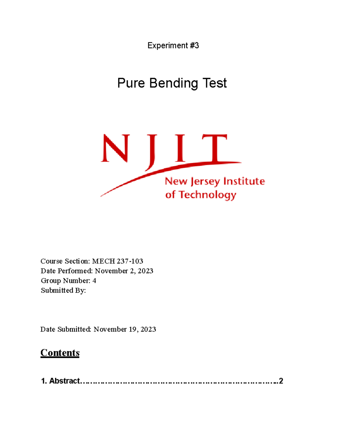 Lab report #3 mech 237 - Experiment Pure Bending Test Course Section ...