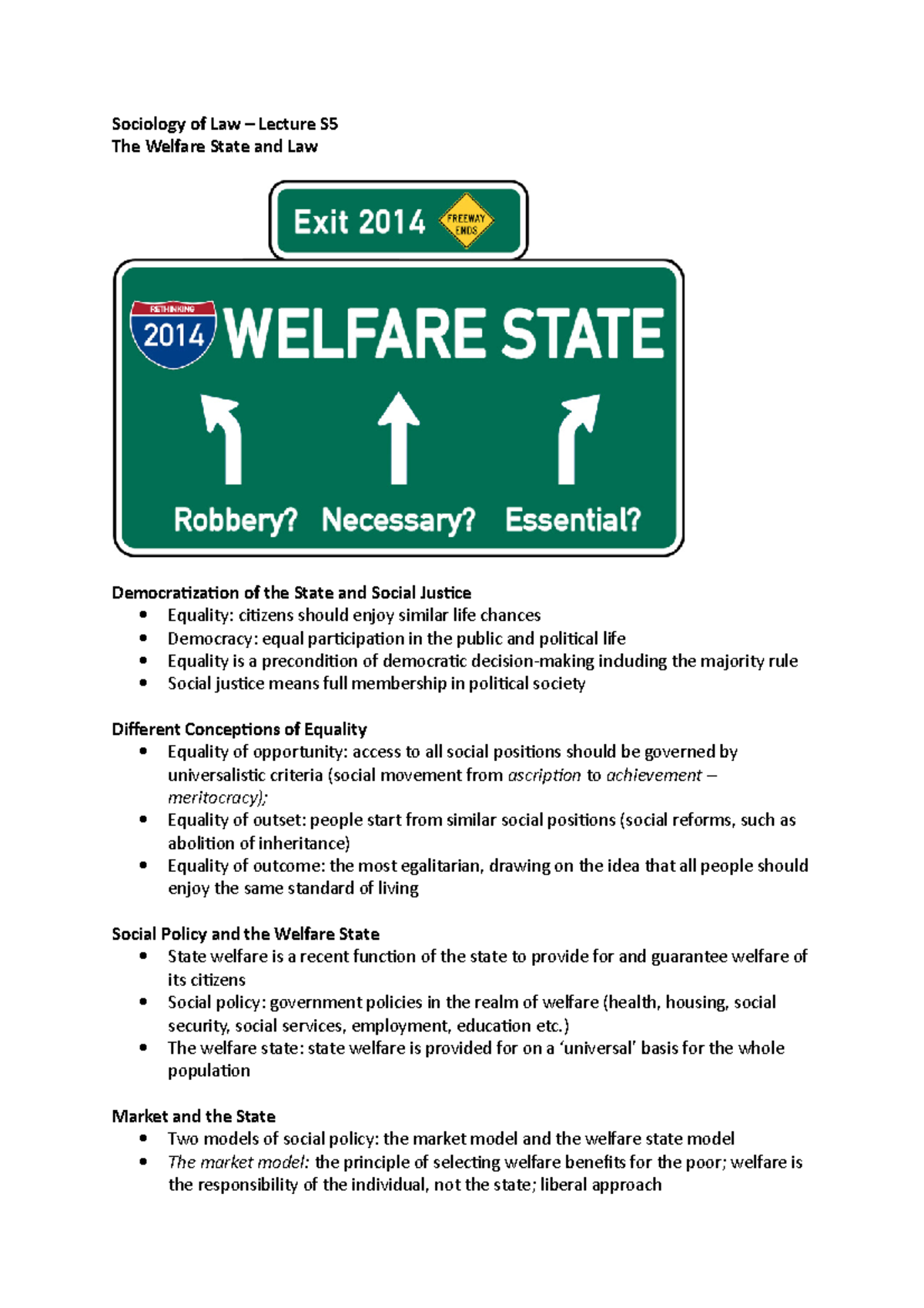 Lecture S5 - The Welfare State and Law - Sociology of Law – Lecture S ...