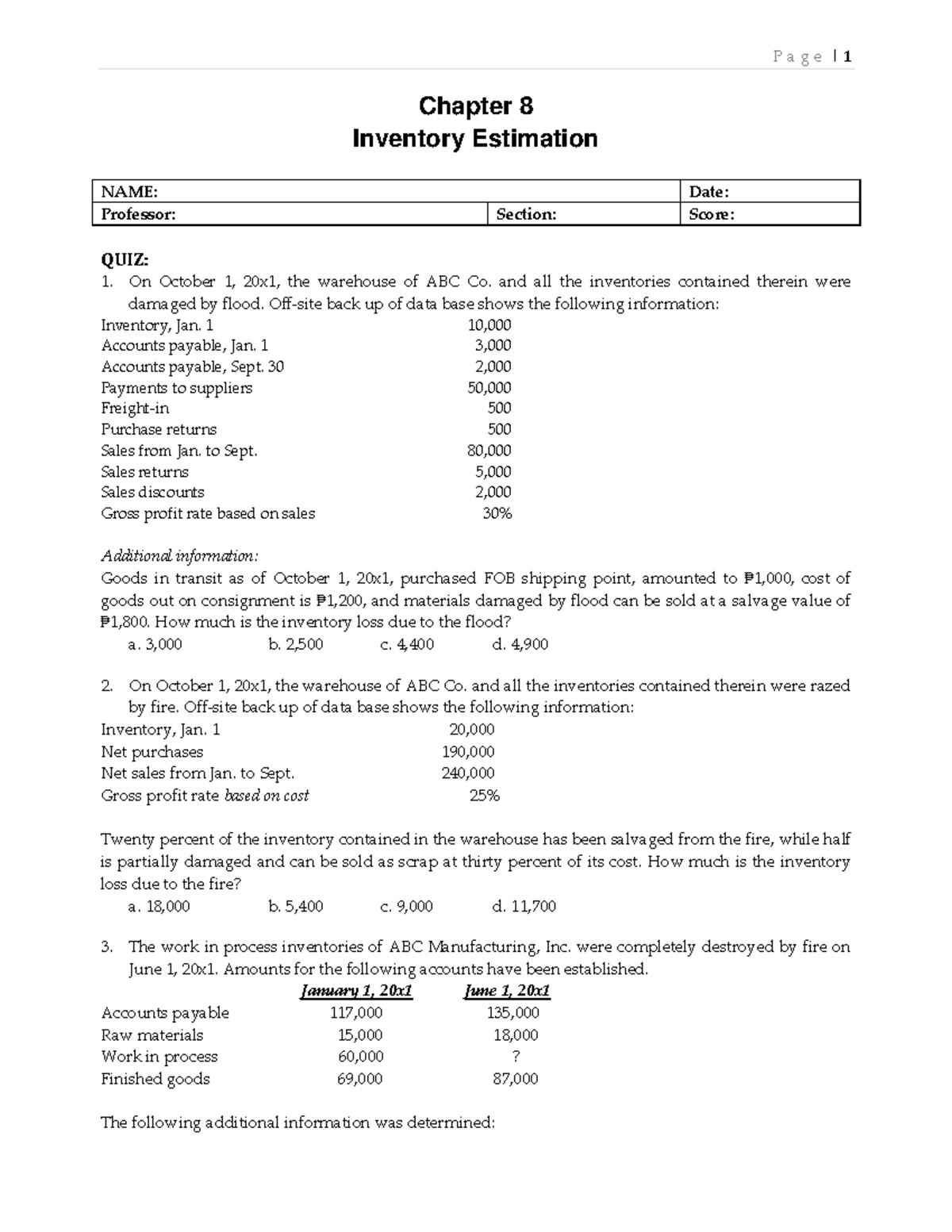 QUIZ Chapter 8 Inventory Estimation IA 1 2020 Edition - P a g e | 1 ...
