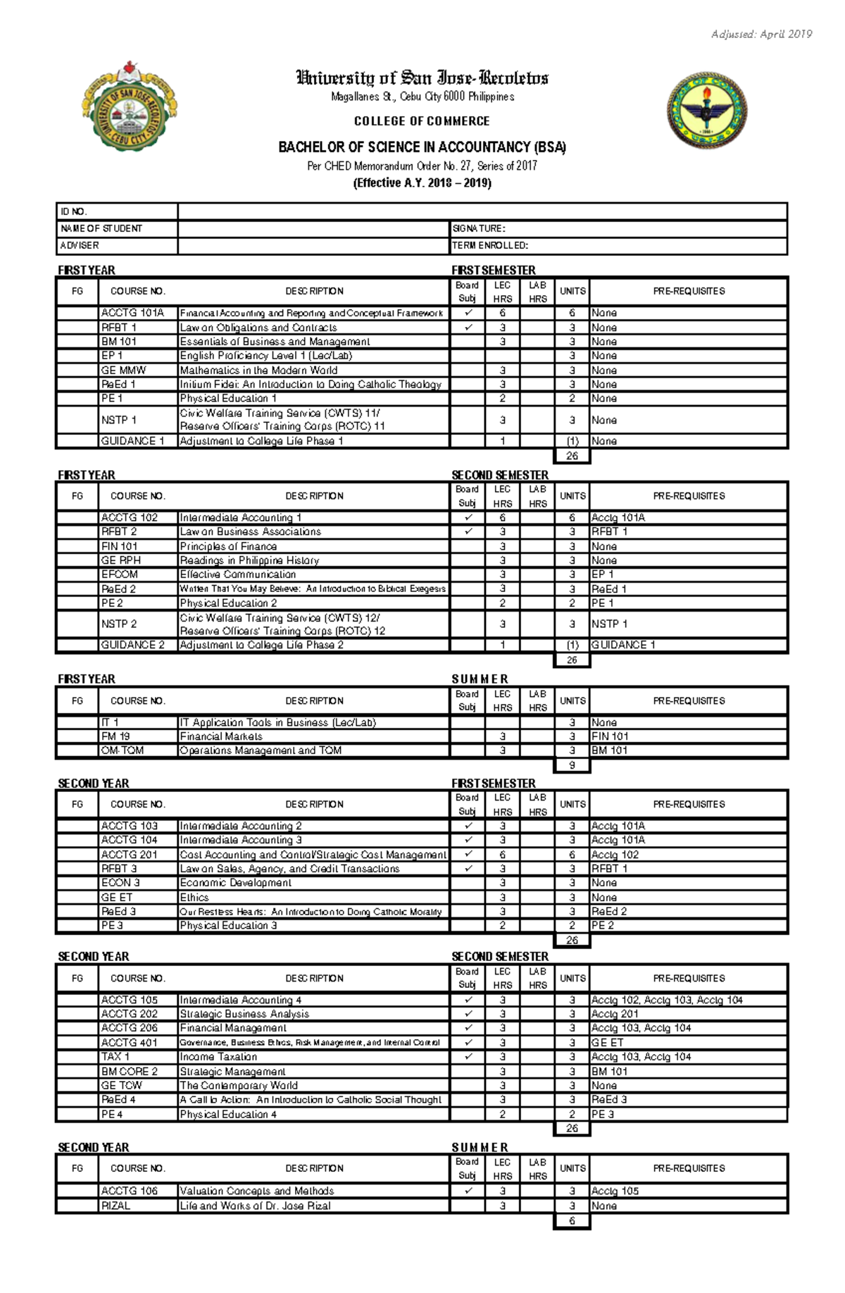 BSA Prospectus (2019) - Adjusted: April 2019 FIRST YEAR FIRST SEMESTER ...