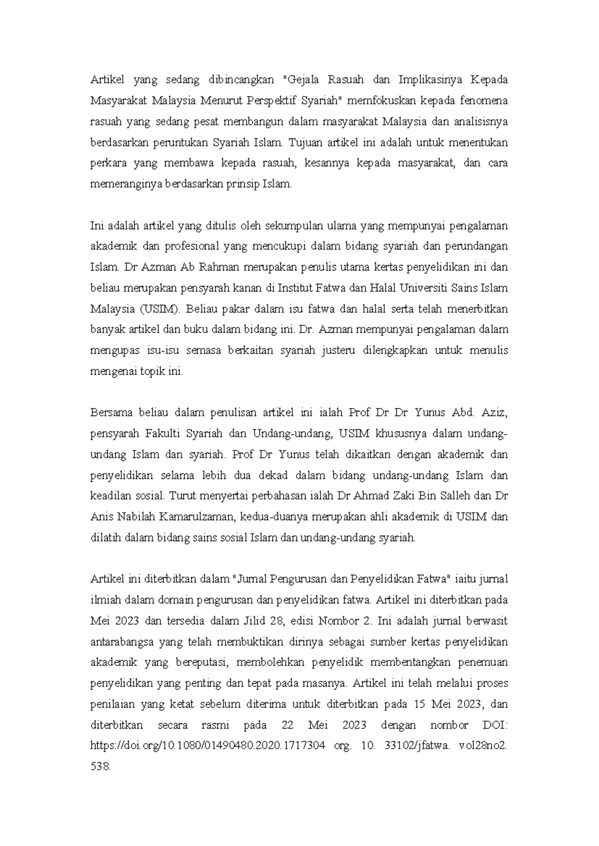 PENGENALAN RASUAH ULASAN ARTICLE - Artikel yang sedang dibincangkan ...